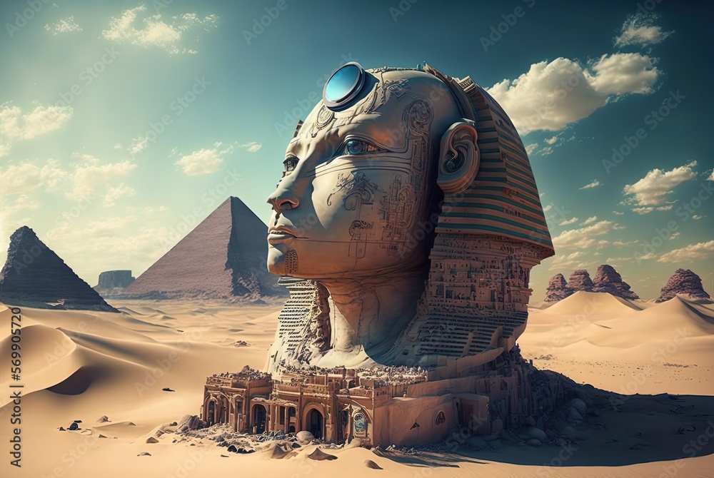 Ancient Egypt desert landscape with pyramid and architecture with high ...