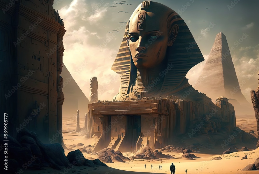 Ancient Egypt desert landscape with pyramid and architecture with high ...