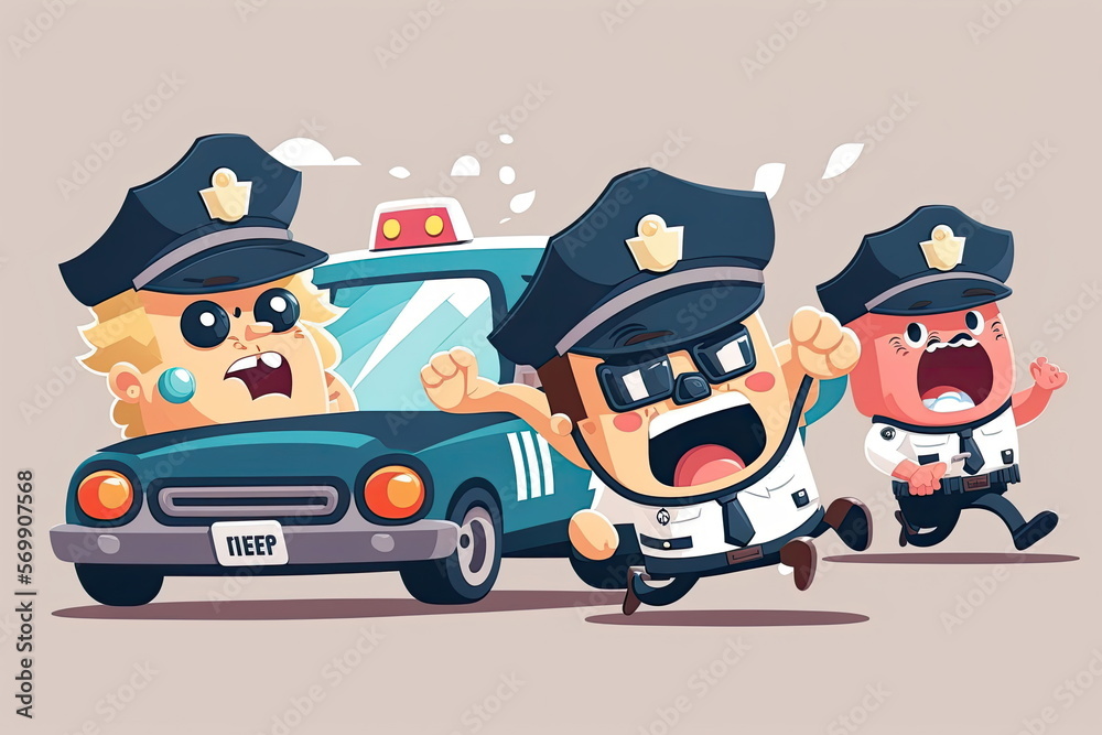 Police chasing criminals, cute character cartoon, building background ...
