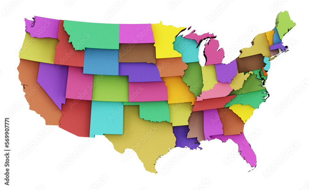 Multi colored USA map showing state borders on transparent background ...