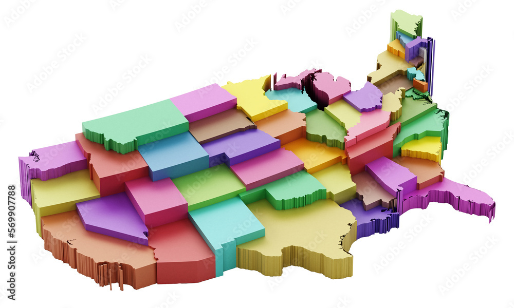 Multi colored USA map showing state borders on transparent background ...