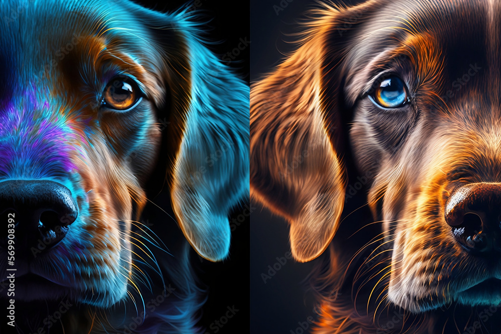 Two half dog faces, close up portraits of two, family members, mother ...