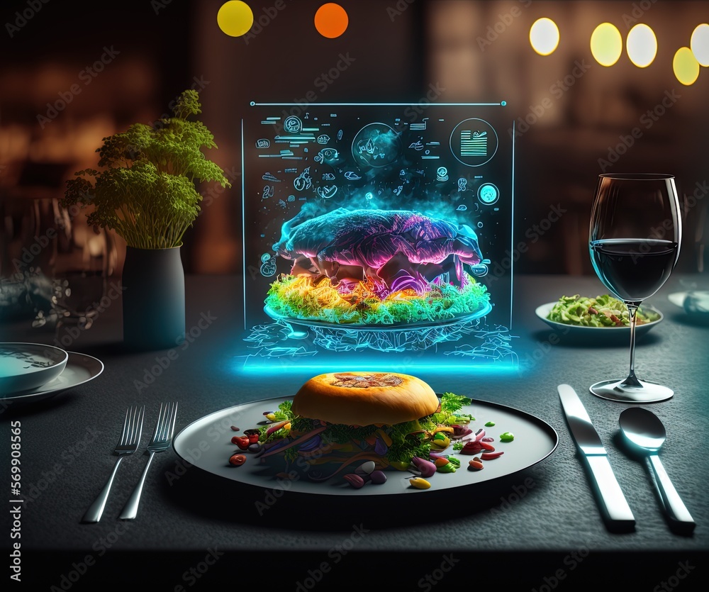 illustration of futuristic restaurant with hologram or smart panel ...