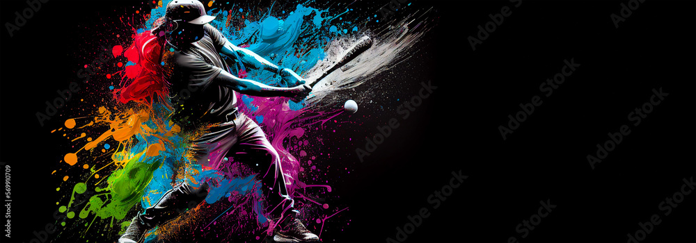 Baseball sport player colorful splash horizontal banner on black ...
