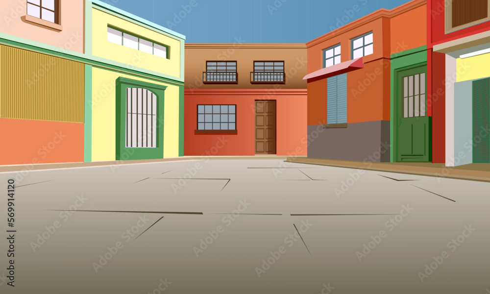 vector drawing of a small town street in vintage style for interior ...