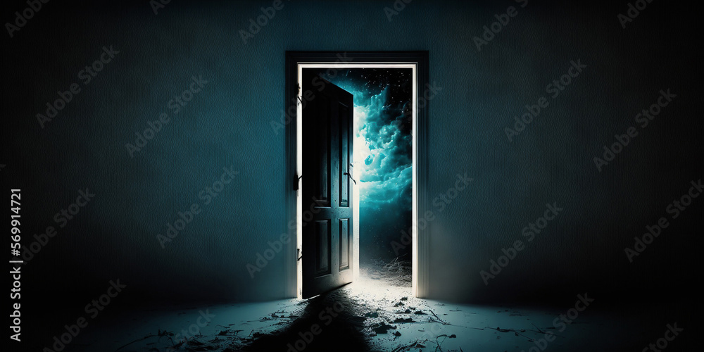 Open door in dark room symbol of hope or solution.Generative AI. Stock ...