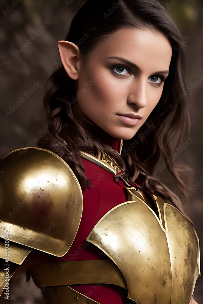Portrait of a beautiful young female elf warrior posing with red golden ...
