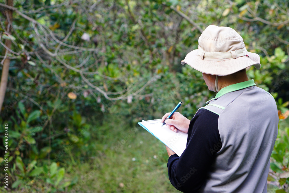 Asian man botanist is at forest to survey botanical plants, holds paper ...
