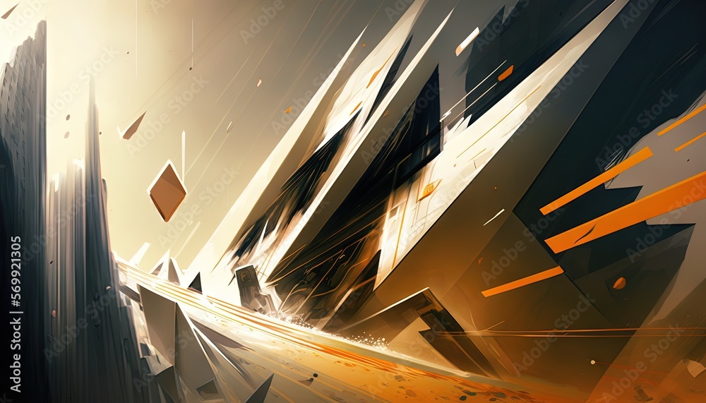 a digital painting of a futuristic city with orange and black shapes ...