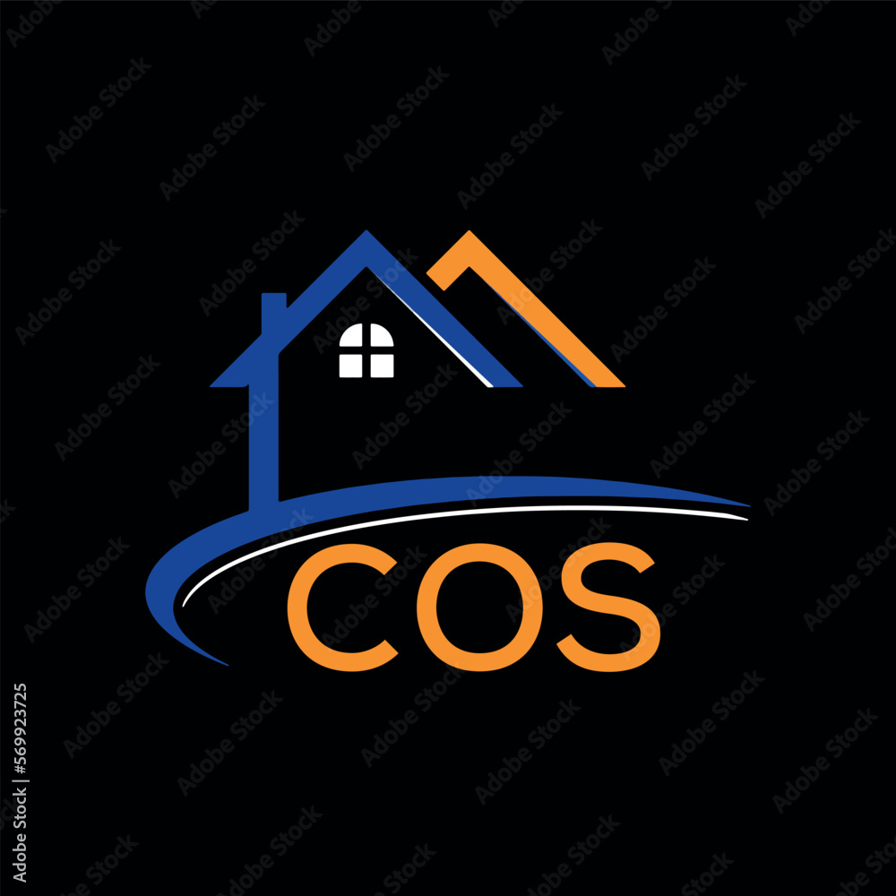 COS house logo, letter logo. COS blue image on black background and ...