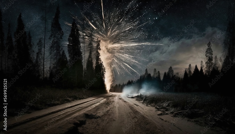 a firework exploding in the night sky over a dirt road with trees on ...