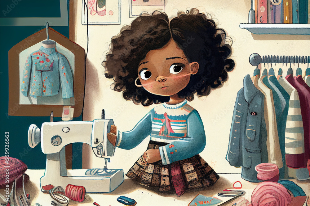 The little girl is a fashion designer. Illustration for a children's ...