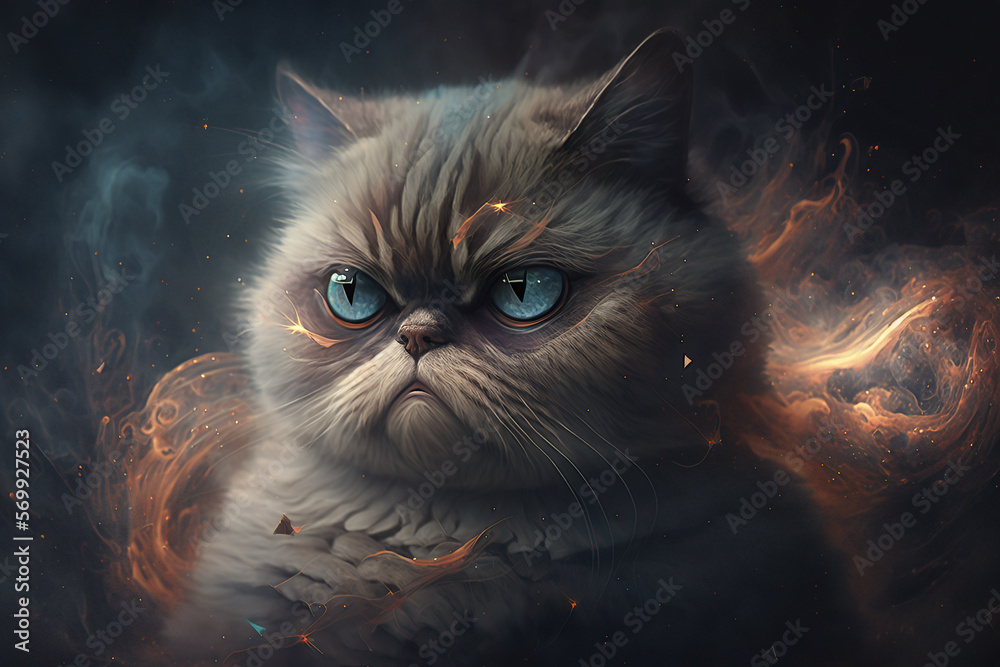 Galaxies spirals space nebulae stars smoke iridescent inside grumpy cat, created with Generative ...