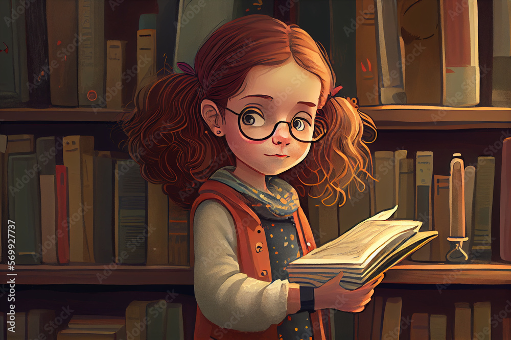 Cute child is a librarian. Illustration for a children's magazine or ...