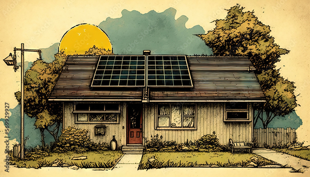 a drawing of a house with a solar panel on the roof and a tree in front ...
