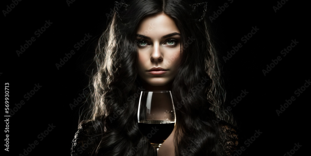 Sexy Model Woman With Glass Of Champagne Or Wine Wearing Black Cat Ears