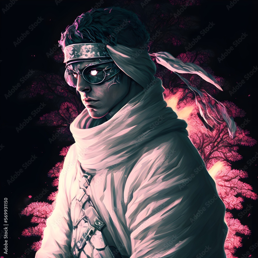 vaporwave anime athletic male white kaffiyeh samurai armour medium shot ...