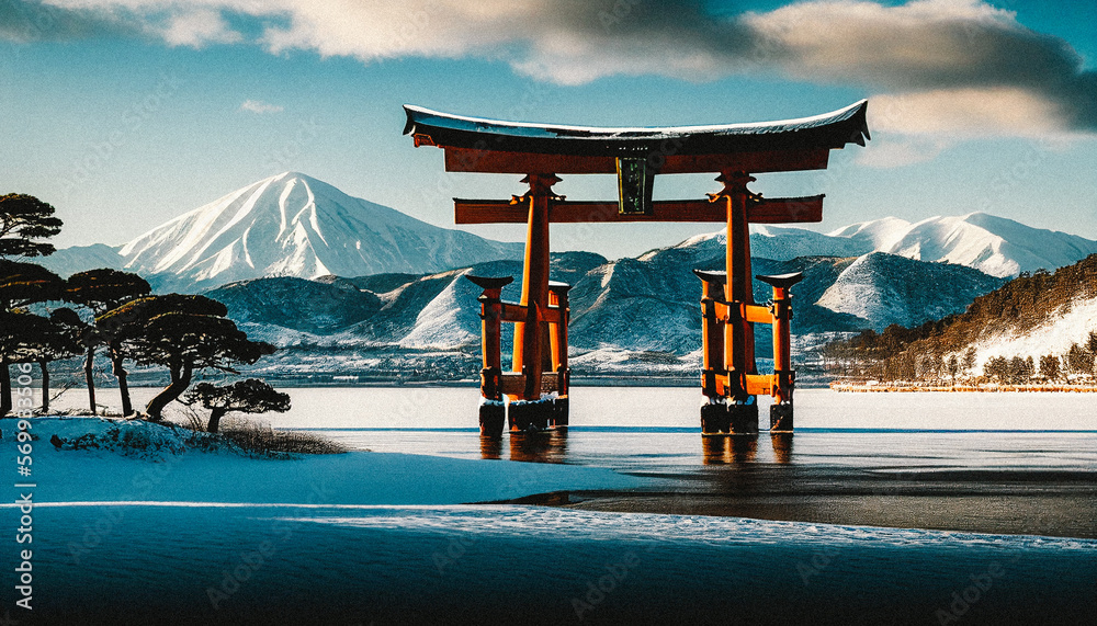 japanese gate in the winter in film camera with noise grain style ...