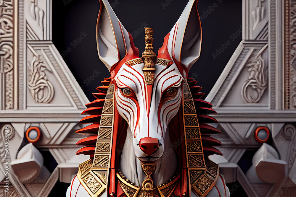 Mythological god Anubis made mof azulejos white and red, created with ...