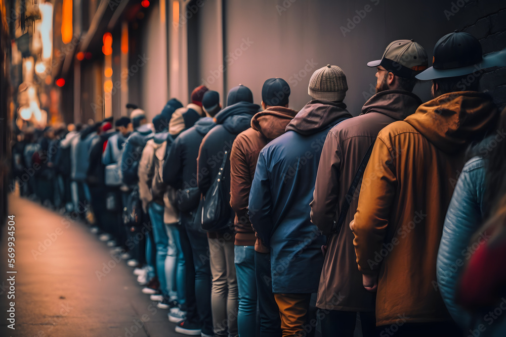 Long Line Of People Waiting