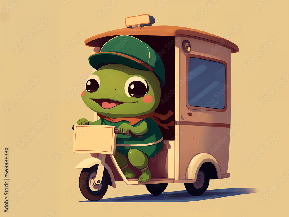 Cartoon courier frog character on a cargo tricycle with space for text ...