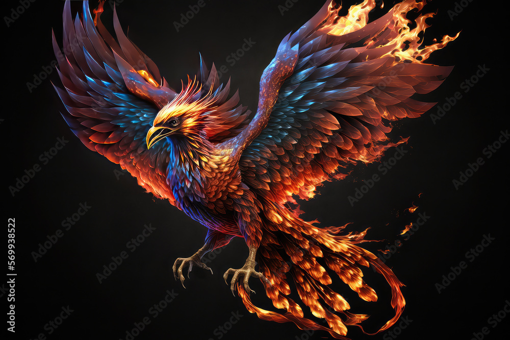 Phoenix bird risen from the ashes, fire bird. Burning bird. 3D ...
