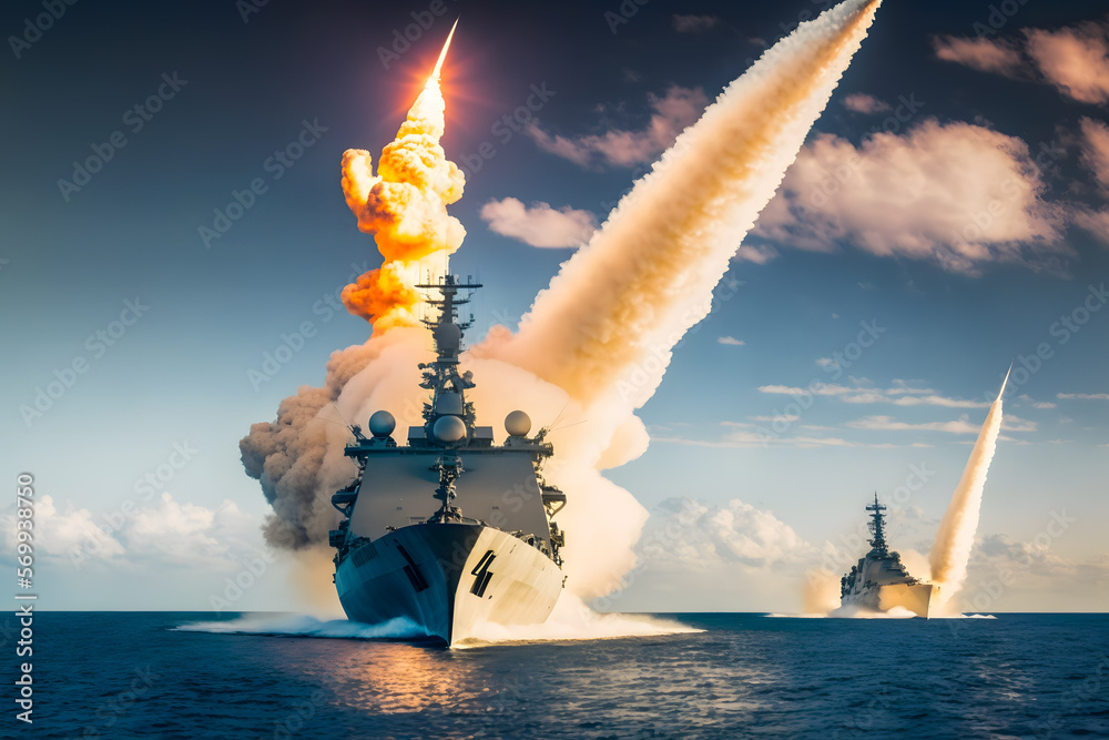 Ilustrace „Military powerful ships in the sea release cruise missiles ...