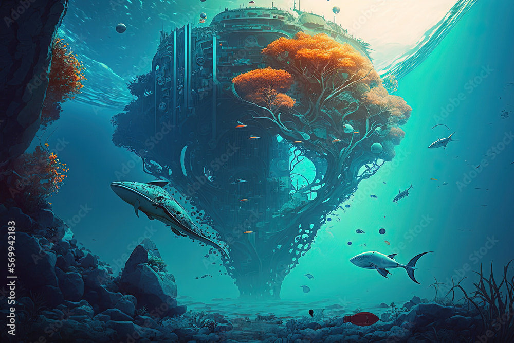 Fantasy futuristic underwater seascape with lost city. Generative AI ...