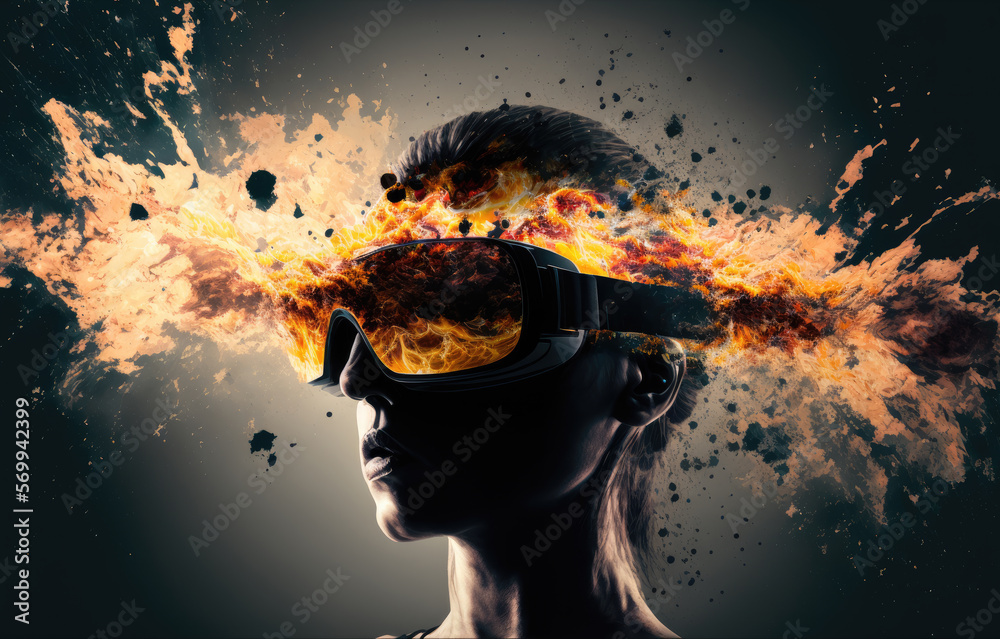 A portrait of person in virtual reality glasses seeing a fantasy ...