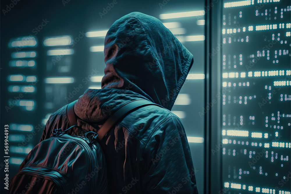 AI image of hacker standing among illuminated servers Stock ...