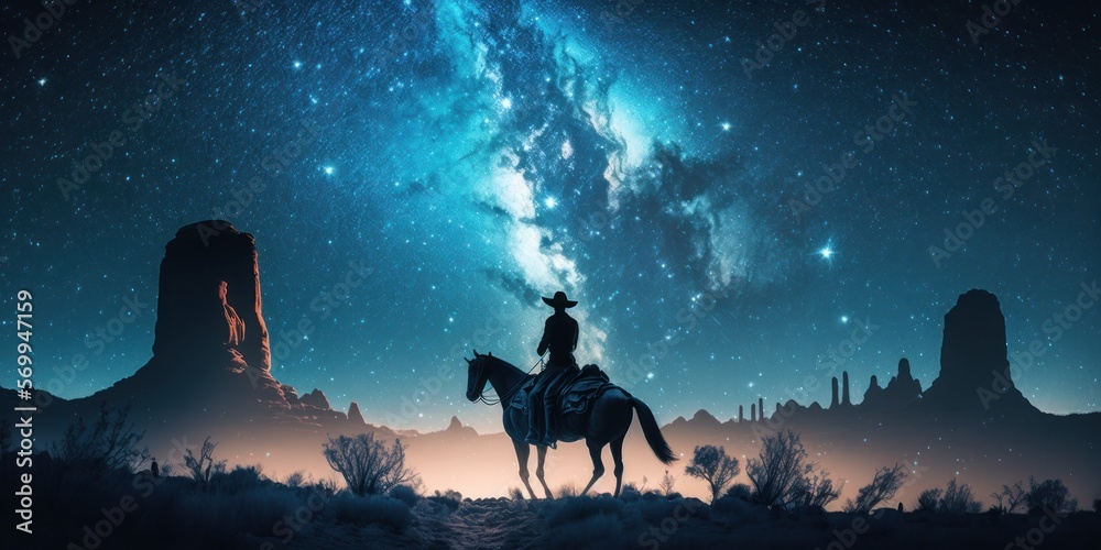 Western Cowboy riding his horse at night under the milky way galaxy ...