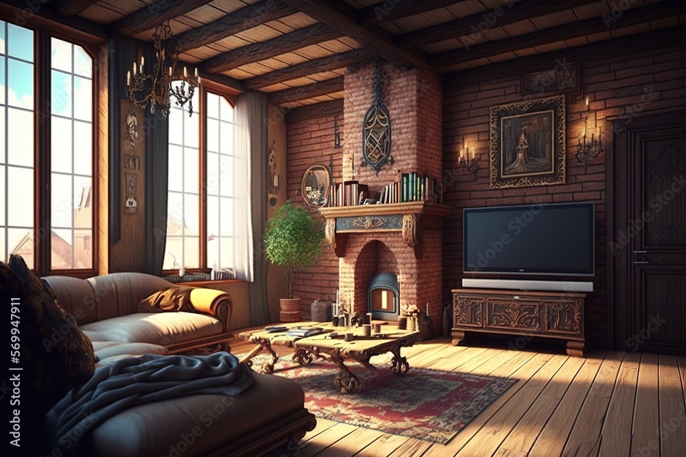 Rustic and modern home interior with television and fireplace and a ...