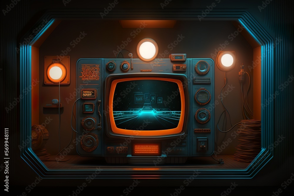 Vintage sci-fi retrofuturistic television device with wall interface ...