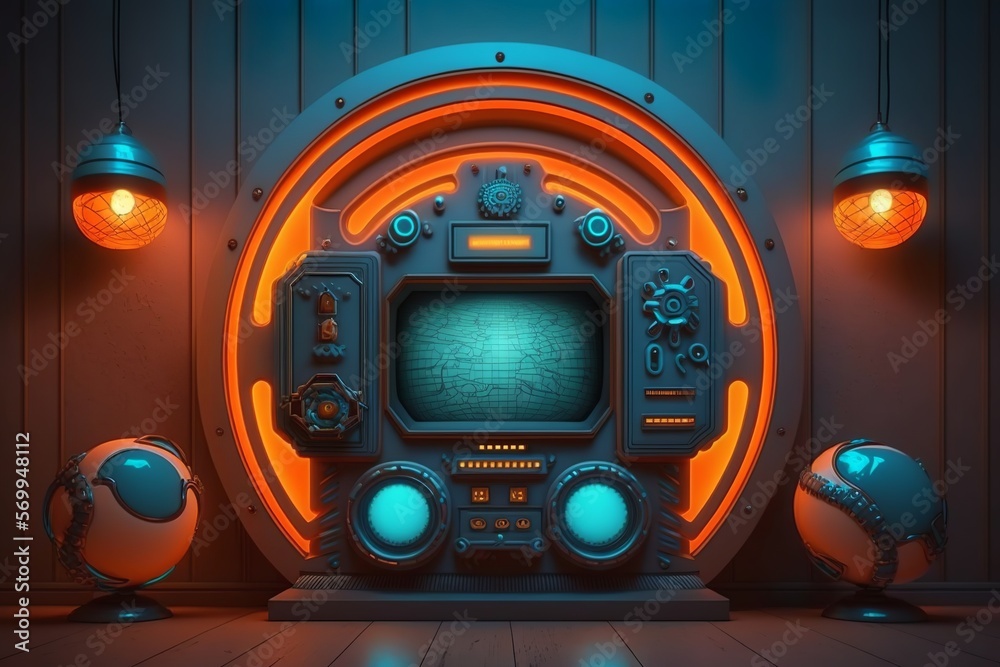 Vintage sci-fi retrofuturistic television device with wall interface ...