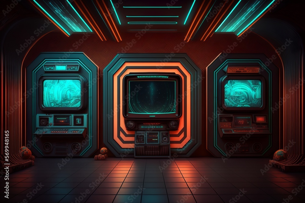 Vintage sci-fi retrofuturistic television device with wall interface ...