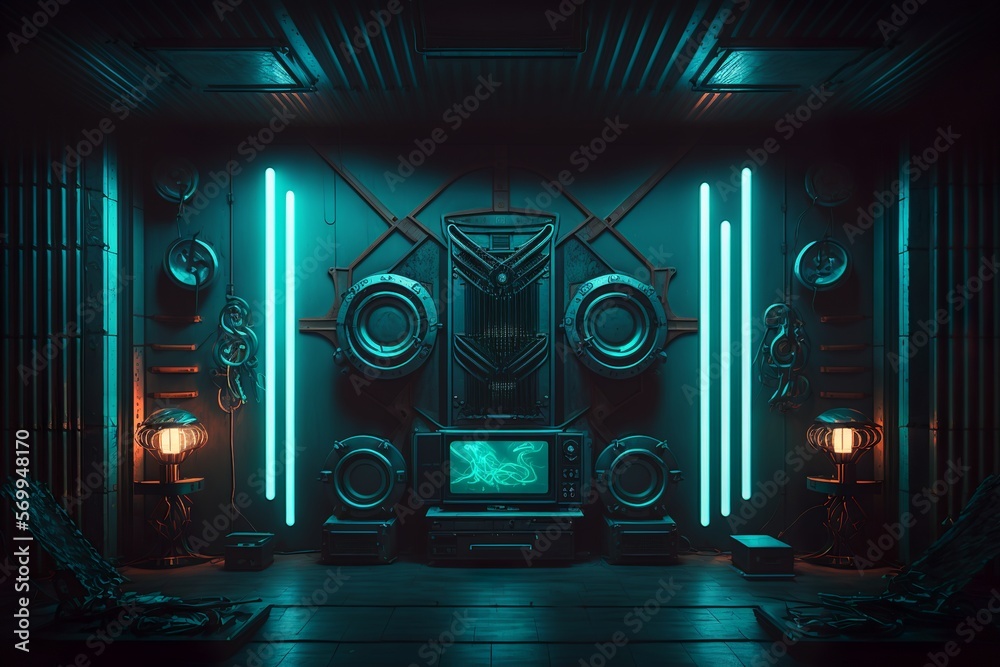 Vintage sci-fi retrofuturistic television device with wall interface ...