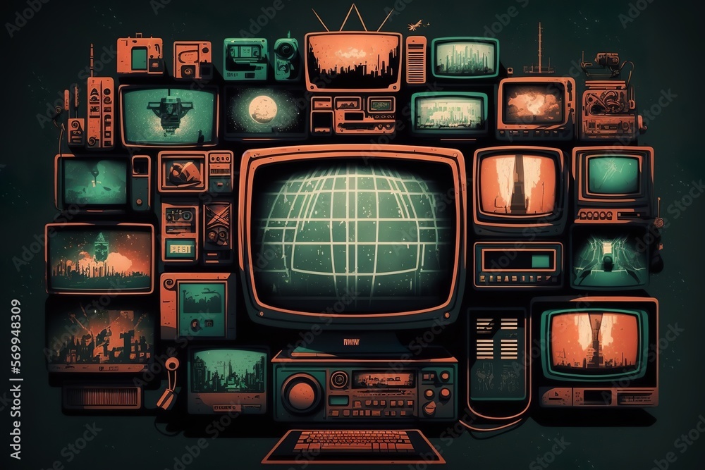 Vintage sci-fi retrofuturistic television device with wall interface ...