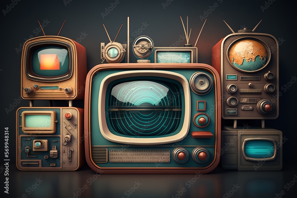 Vintage sci-fi retrofuturistic television device with wall interface ...