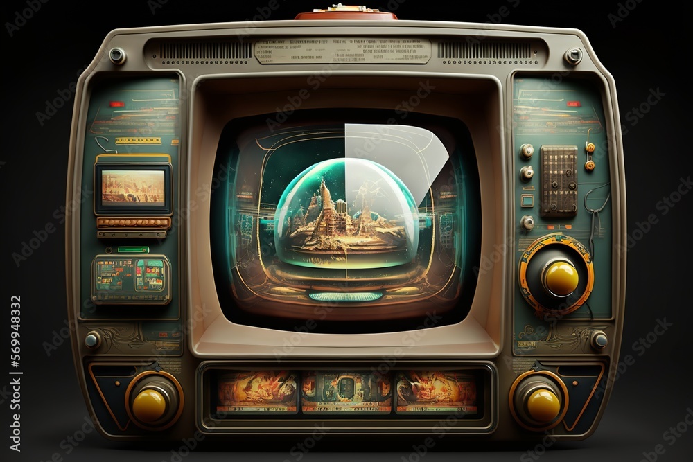 Vintage sci-fi retrofuturistic television device with wall interface ...