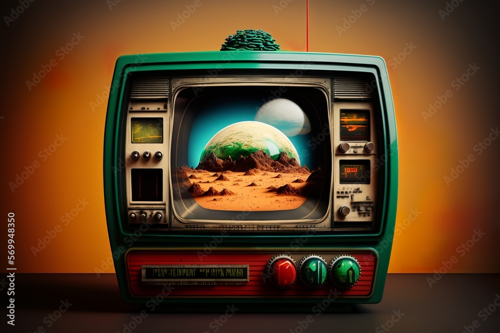Vintage sci-fi retrofuturistic television device with wall interface ...