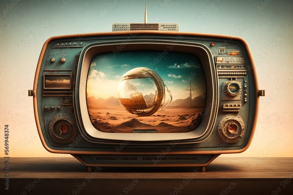 Vintage sci-fi retrofuturistic television device with wall interface ...