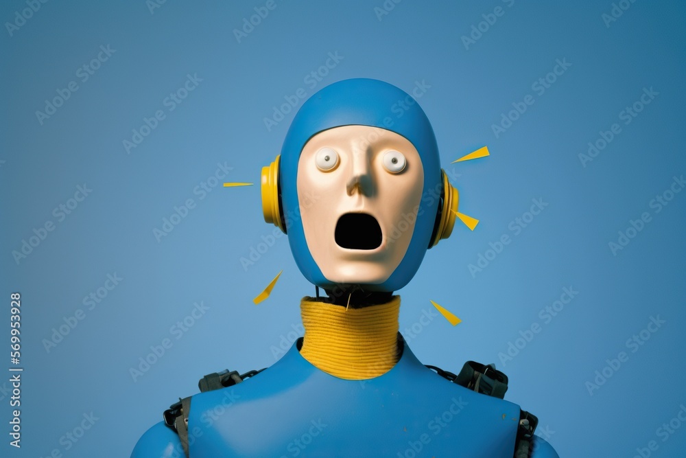 Frightened, screaming crash test dummy on blue background, concept of ...