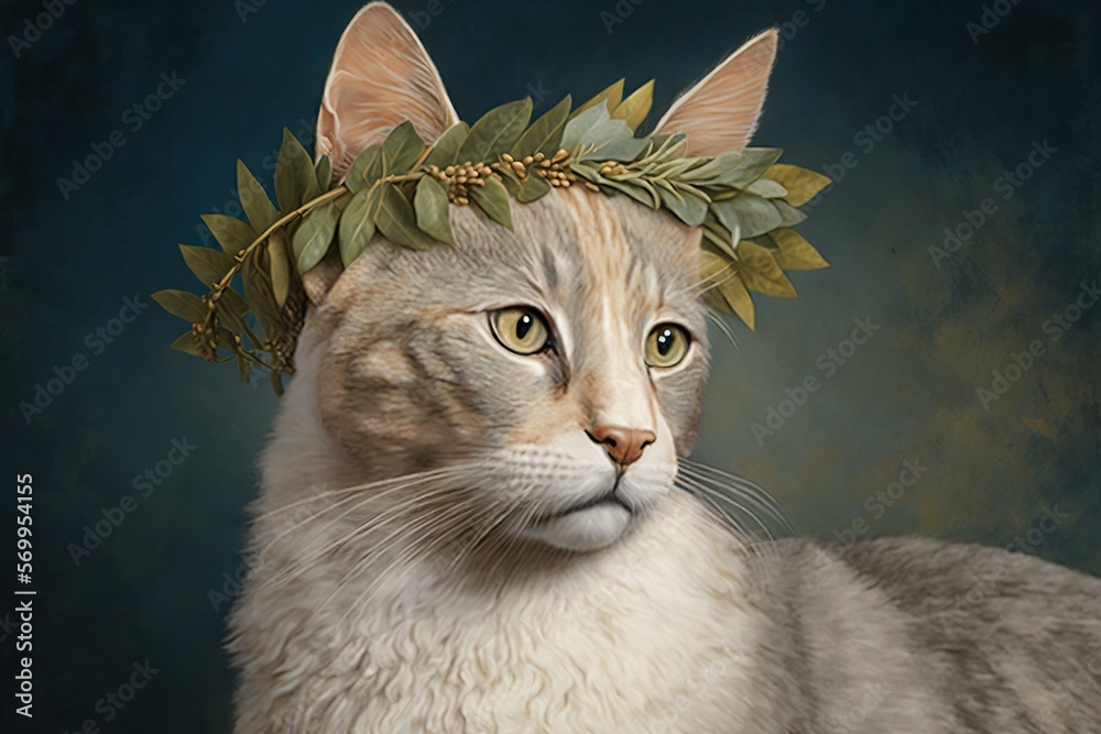 Beautiful Greek cat with a laurel wreath on his head, on a blurred ...
