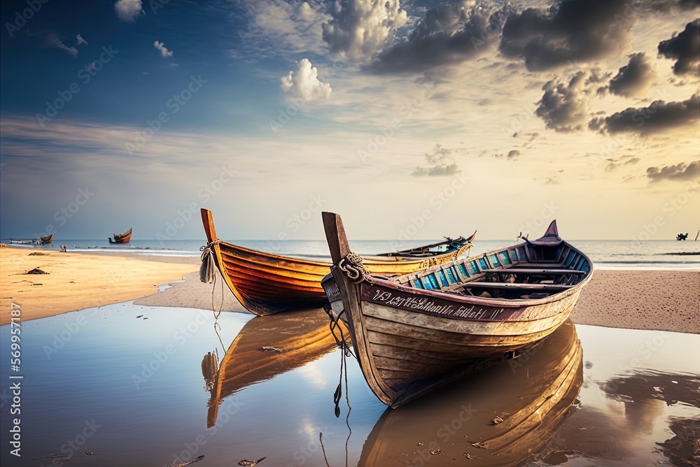 Beach with a few wooden fishing boats bobbing in the ocean. Generative ...