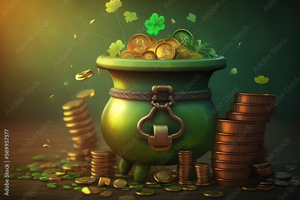 Pot full of gold, coins and leprechaun hat, wallpaper Saint Patrick's ...