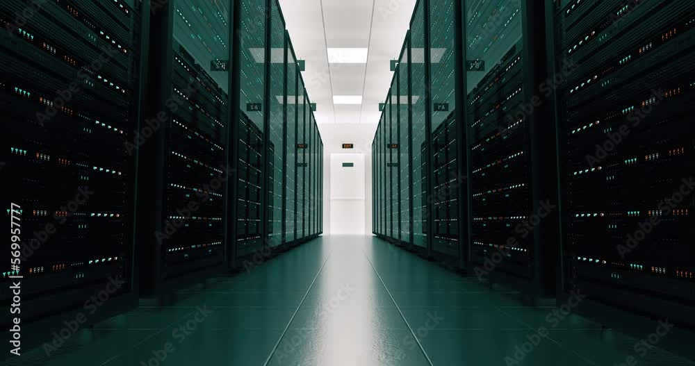 Rack servers in data center. Slowly moving camera. Flickering server ...