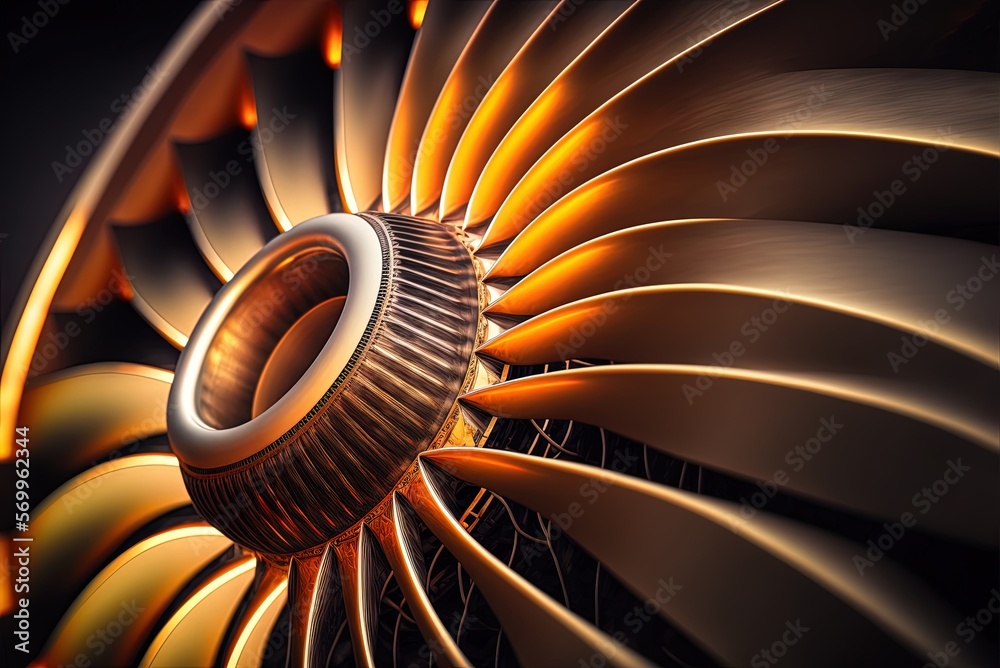 Magnificent light illuminates the fan engine and turbine blades of a ...