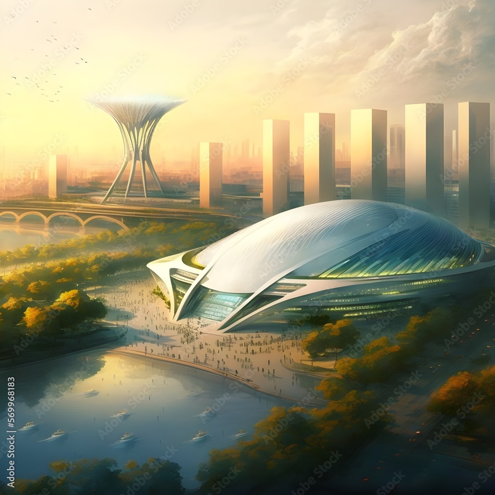 football stadium with retractable roof surrounded by futuristic city ...