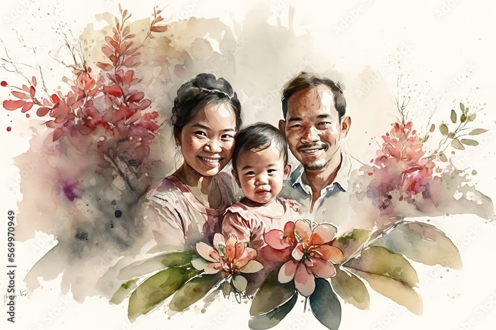 Cute portrait of happy Myanmar family. Watercolor painting over white ...