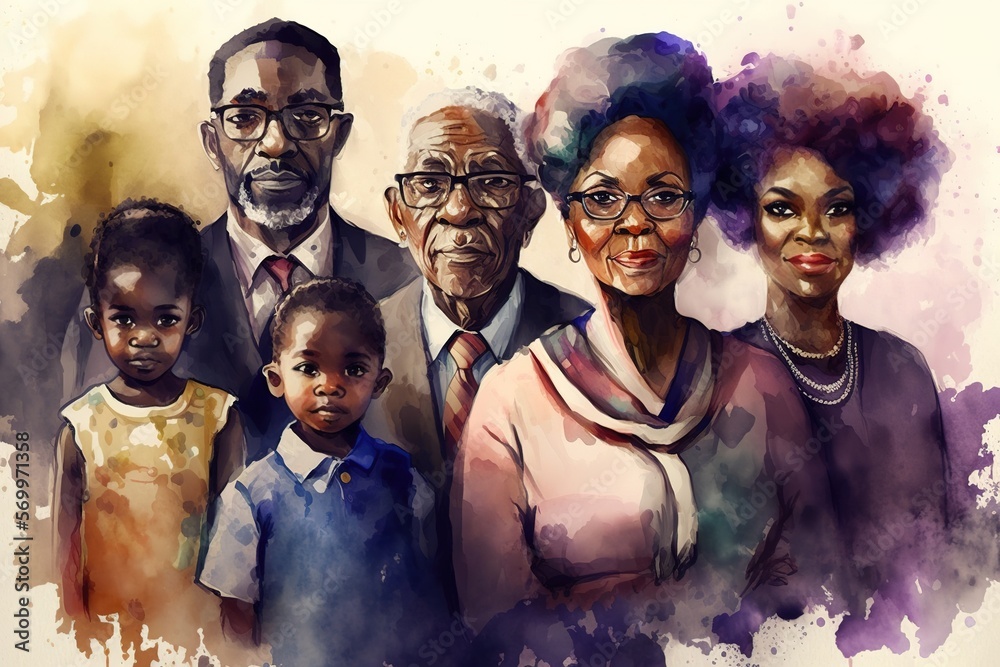 Big African American family watercolor portrait. February, African ...